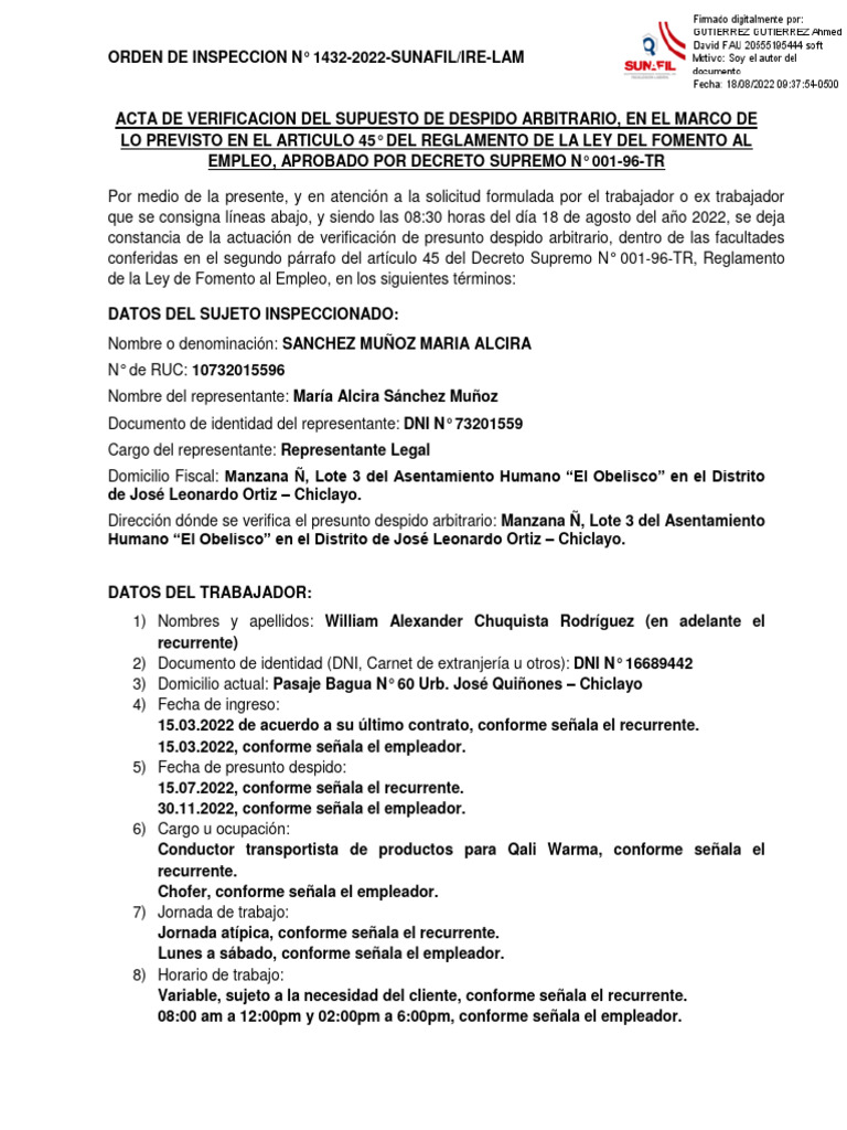 ACTA DE SUNAFIL_MARIA ALCIRA_2022_08 | PDF | Documento de identidad ...