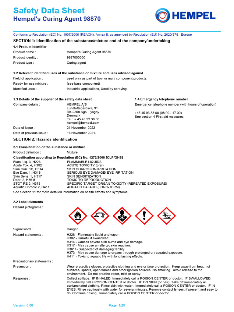 Hempel Curing Agent 98870 MSDS | PDF | Personal Protective Equipment ...