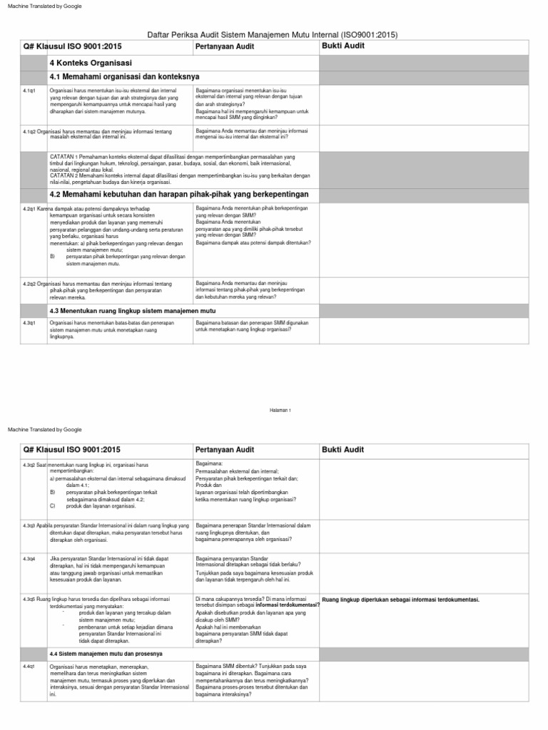 Checklist Audit Iso 9001 2015 Pdf