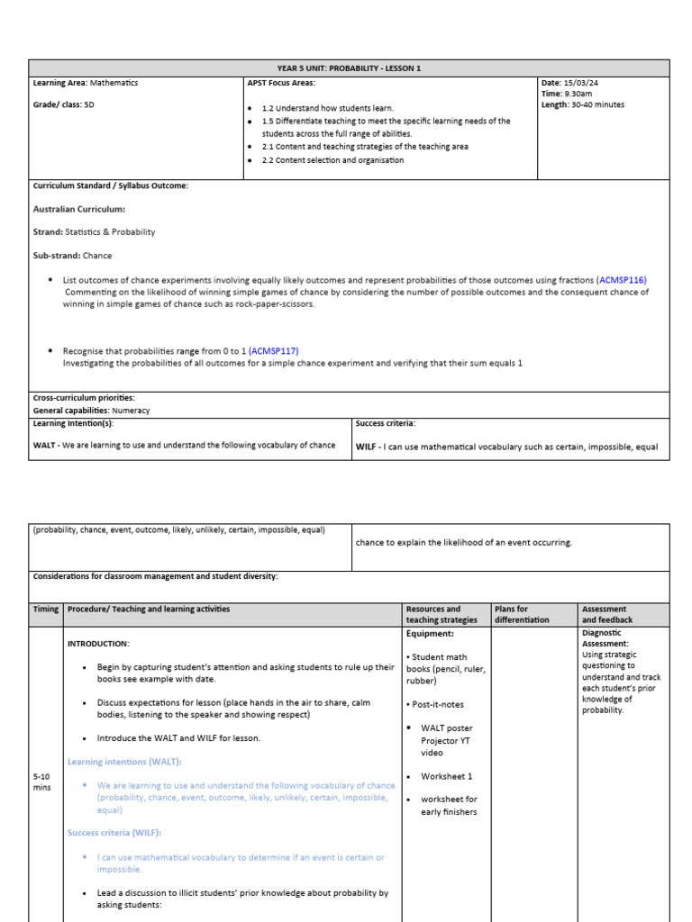 2024 Lesson Plan Template | PDF | Probability | Behavior Modification