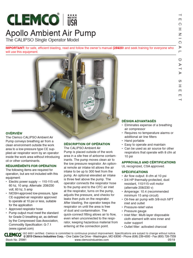 Apollo Ambient Air Pump: The CALIPSO Single Operator Model | PDF | Pump ...