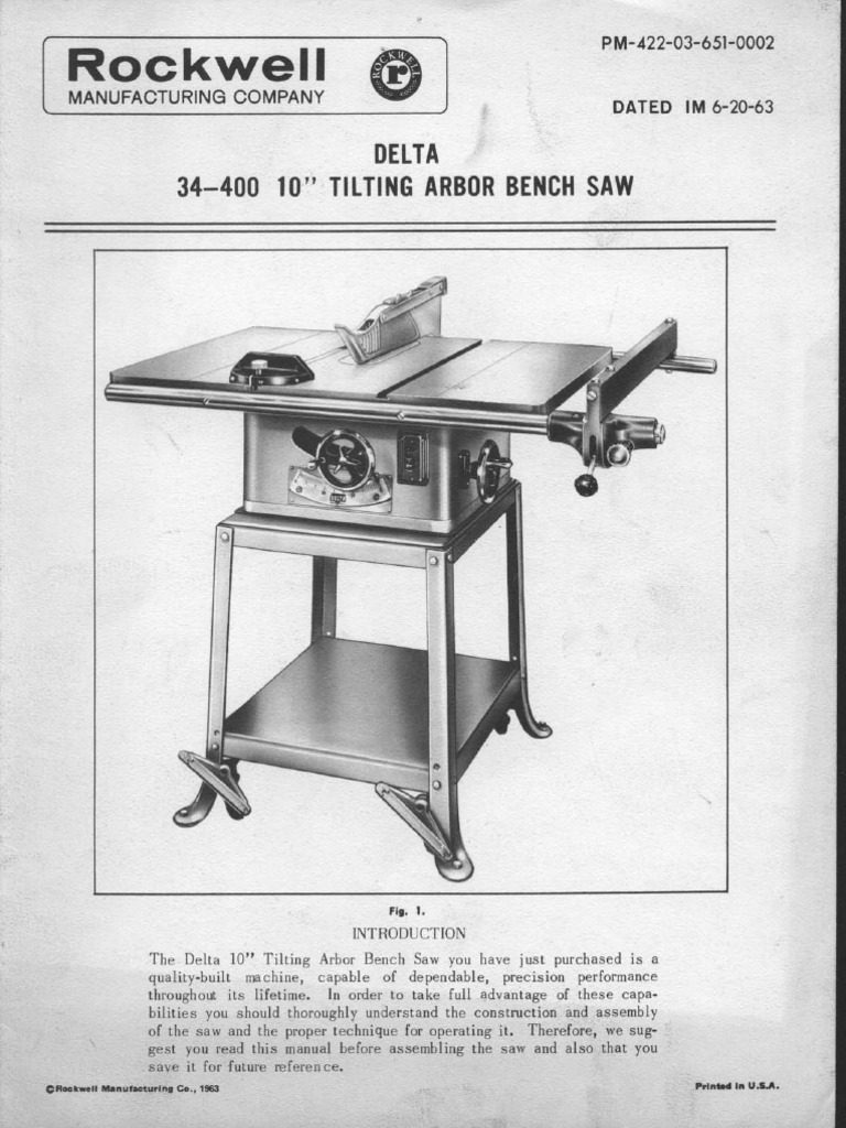 Rockwell 10 Inch Table Saw Manual 1963 | PDF