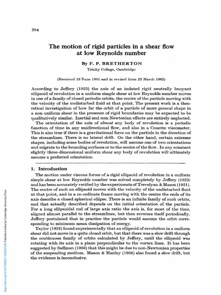 Bretherton_1962_The Motion of Rigid Particles in a Shear Flow at Low ...