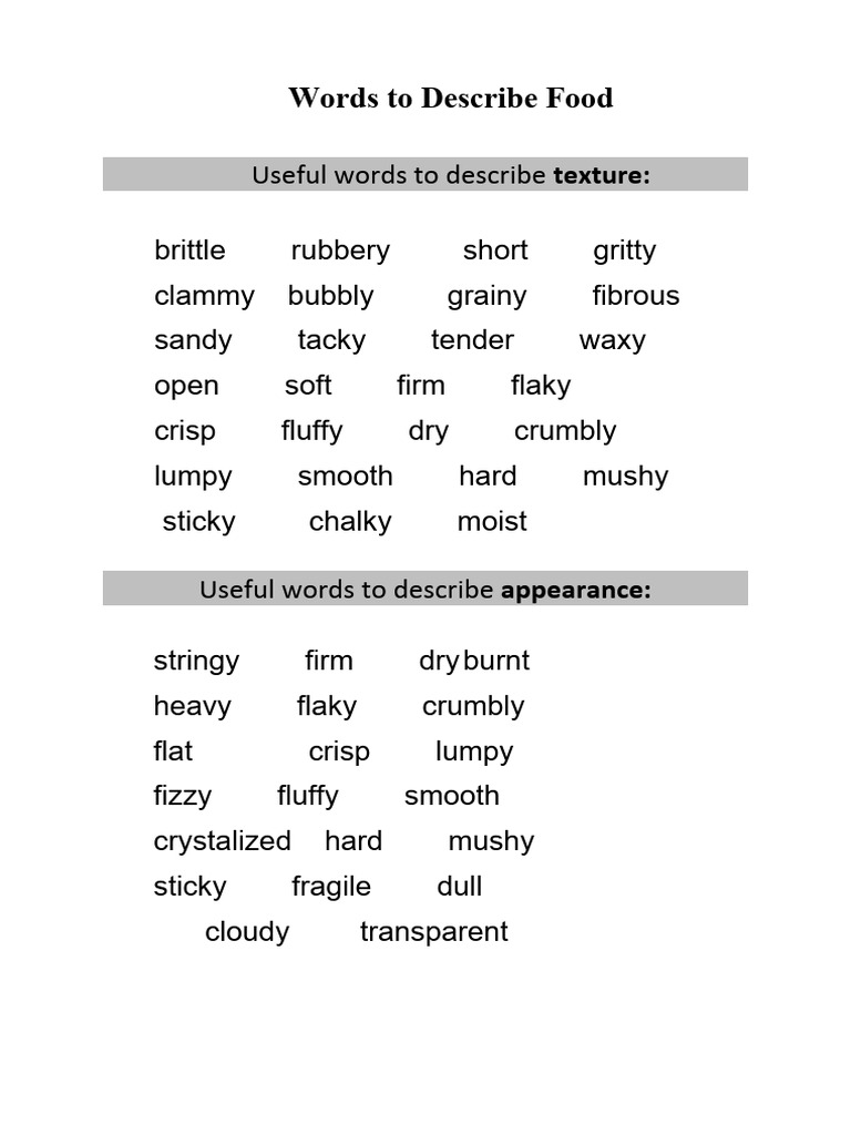 TASK 2 Part A Words to Describe Food Sensory Evaluation | PDF