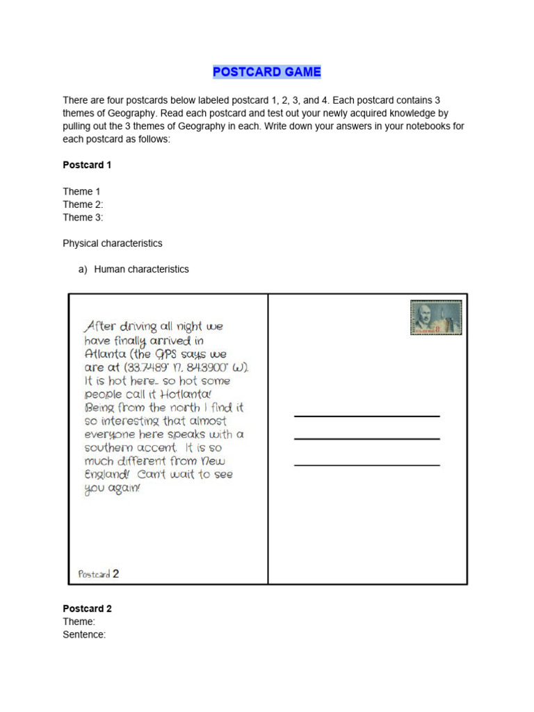 5 Themes of Geography Postcard Game | PDF