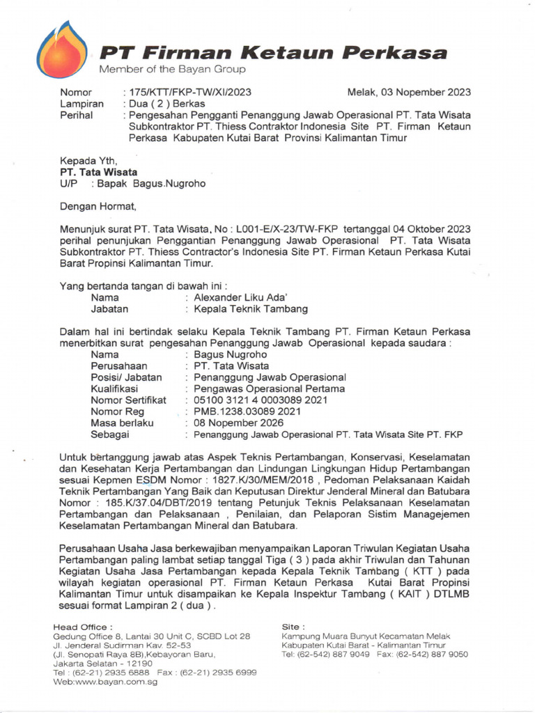 Pengaesahan Penggantian PJO PT TW Site PT. FKP | PDF Pengaesahan Penggantian PJO PT TW Site PT. FKP | PDF