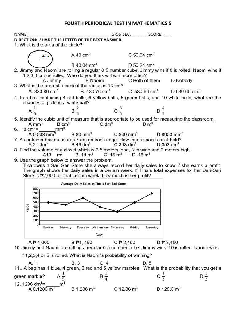 Grade 5 Math 4th Periodical Test | PDF | Geometry | Physical Quantities