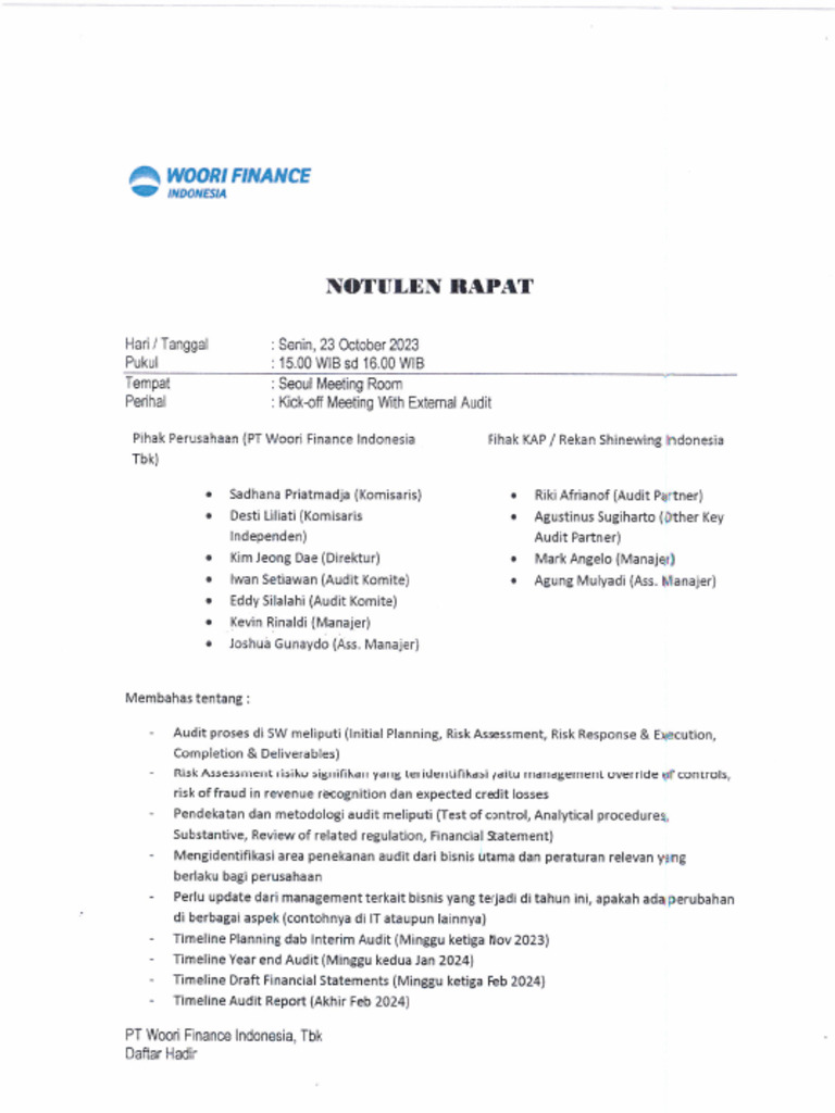 Daftar Hadir Dan MoM Kick-Off - WFI 2023 | PDF