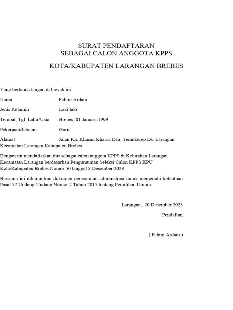 Contoh Surat Pendaftaran Anggota Kpps Pemilu | PDF