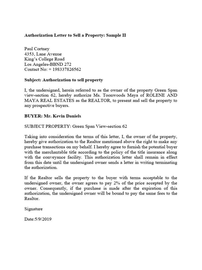 Authorization Letter to Sell Property | PDF