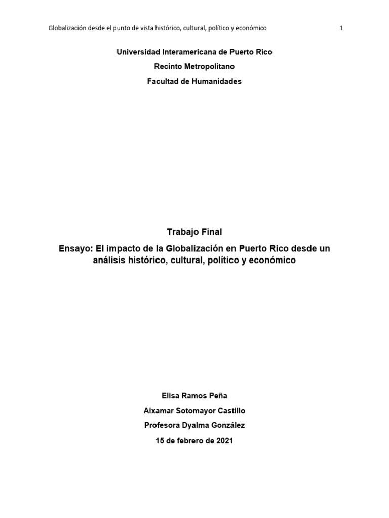 Trabajo Final Sociedad Global Ensayo | PDF | Puerto Rico | Globalización