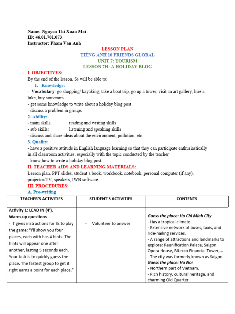 Unit7_Writing | PDF | Ho Chi Minh City | Lesson Plan