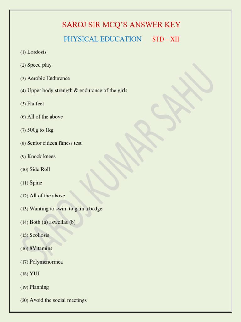 Saroj Sir's 425 MCQ'S Answer Keys | PDF | Flexibility (Anatomy)