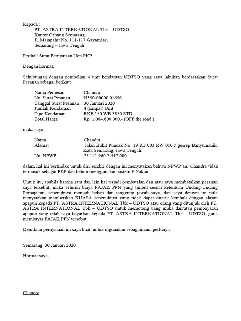 Surat Pernyataan Non PKP Astra Tbk | PDF