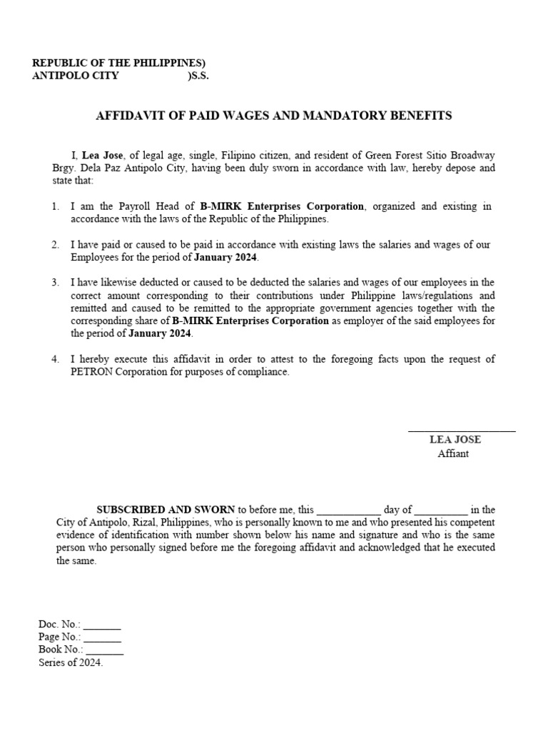 Affidavit of Paid Wages and Benefits | PDF | Social Science