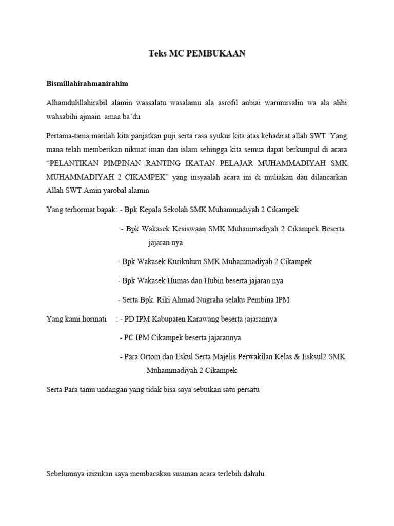 Teks MC Pelantikan Ipm SMK Muhammadiyah 2 Cikampek | PDF