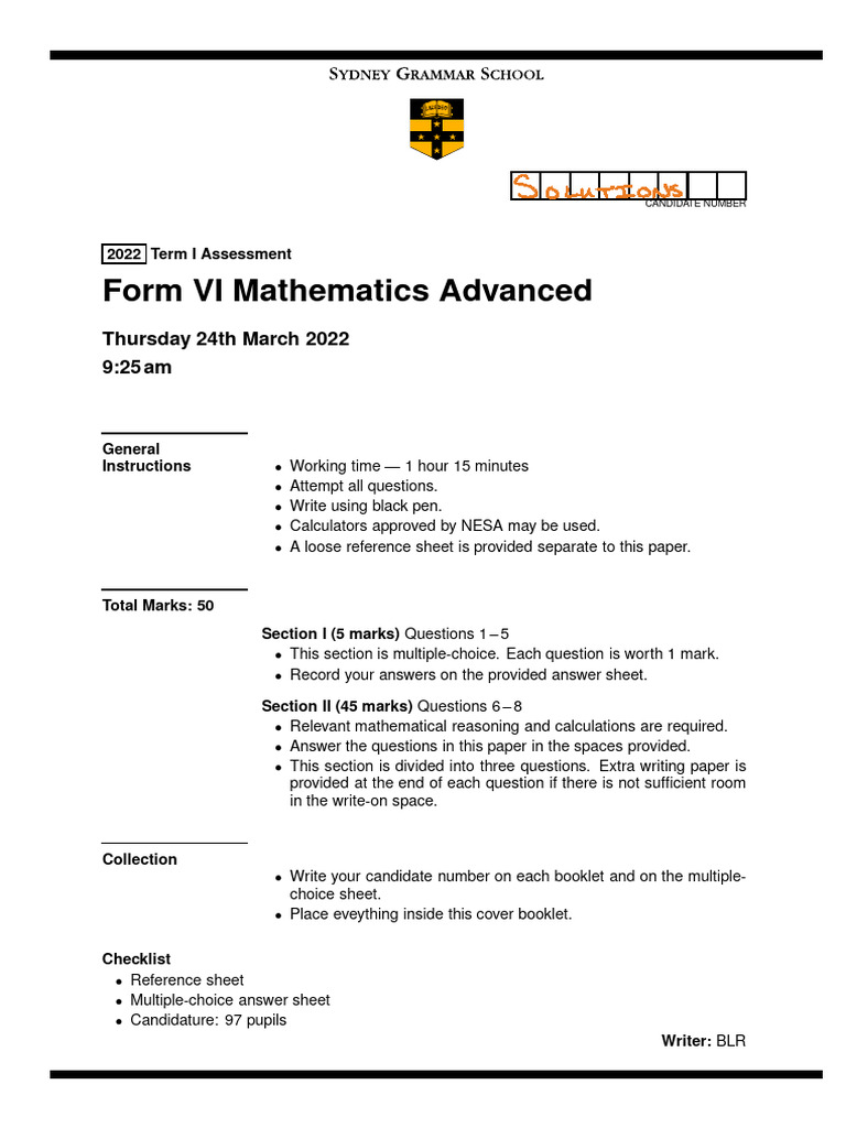 Sydney Grammar (2022) Form VI Adv Maths AT2 - Solutions | PDF | Multiple Choice | Applied ...