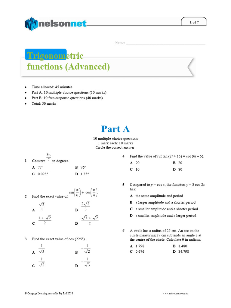 Advanced Trigonometric Functions Test | PDF | Trigonometric Functions ...