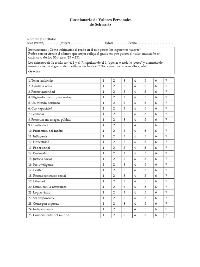 Cuestionario de Valores de Schwartz | PDF