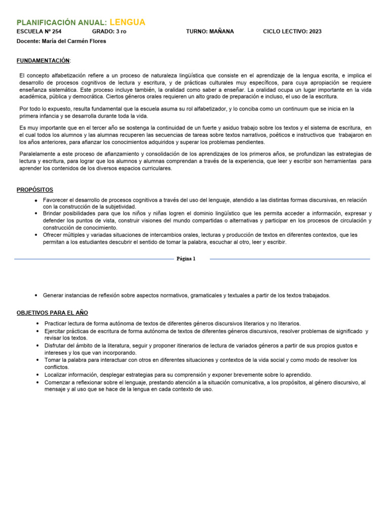Planificación Anual de Lengua 2023-Tercer Grado | PDF | Escritura ...