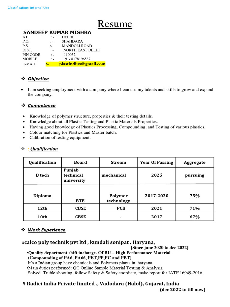 Resume_sandeep (2) | PDF | Plastic | Production And Manufacturing