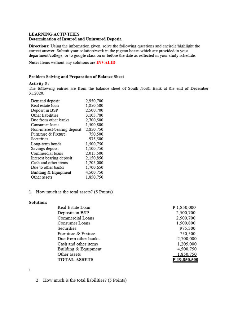 Bank Balance Sheet Analysis Activities | PDF | Balance Sheet | Equity ...
