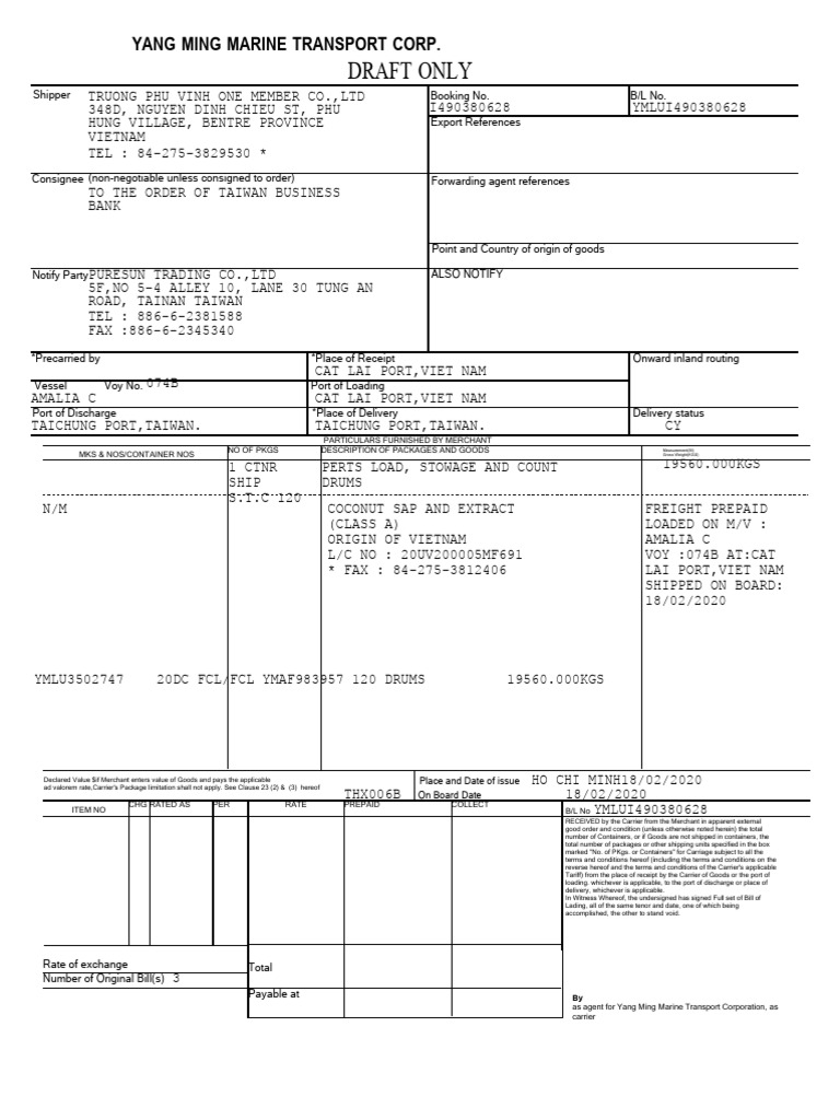 Bill of Lading for Coconut Export | PDF | Cargo | Vietnam
