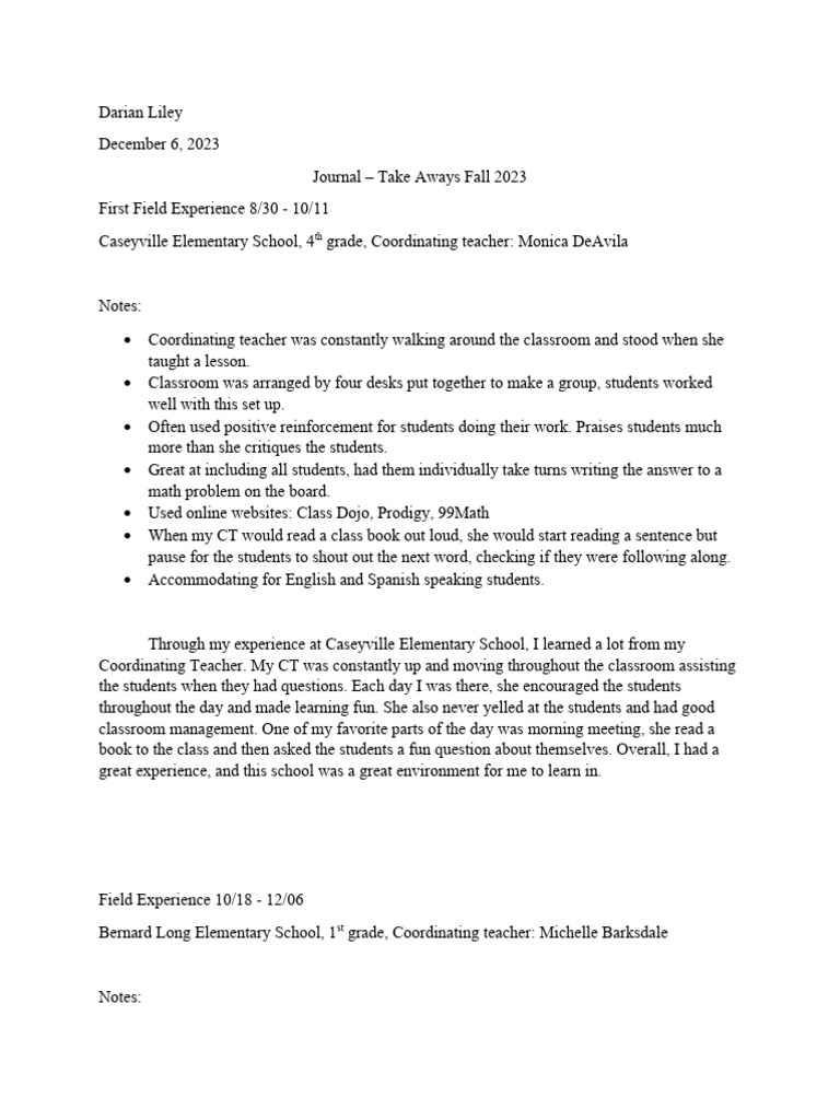 Student Teaching Journal - Take Aways | Download Free PDF | Classroom ...