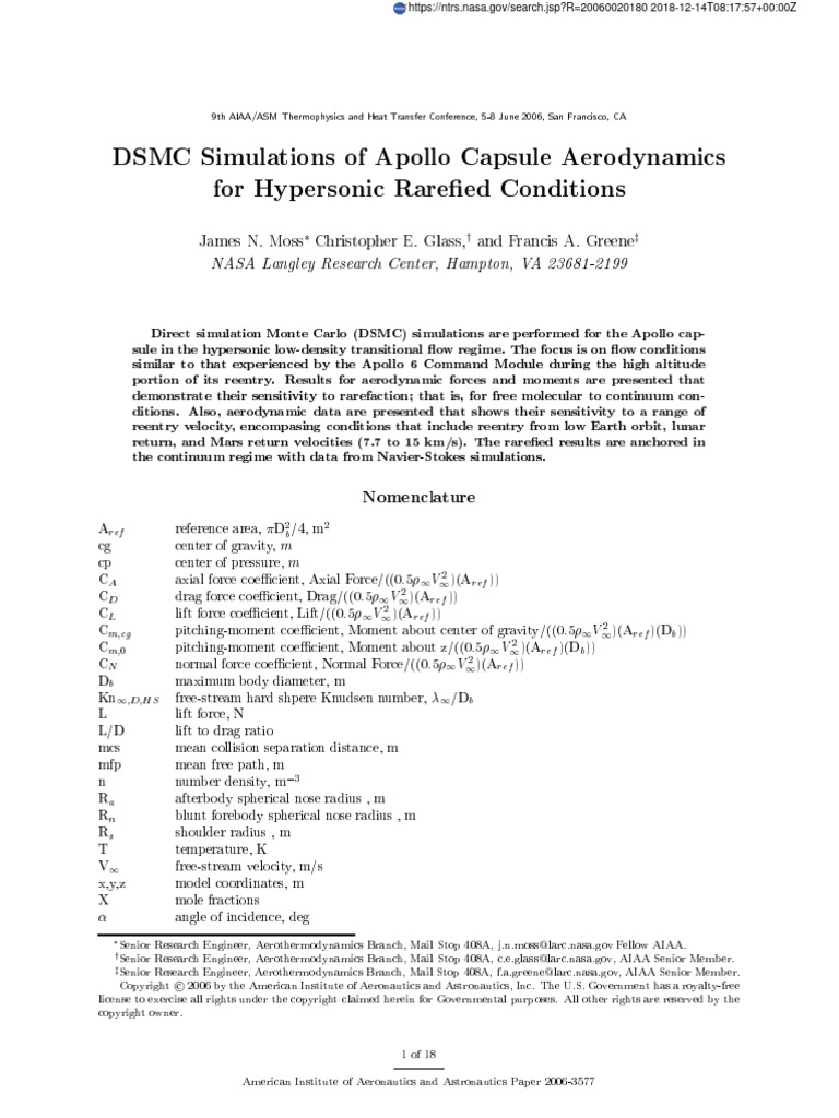 DSMC Simulations of Apollo Capsule Aerodynamics For Hypersonic ...