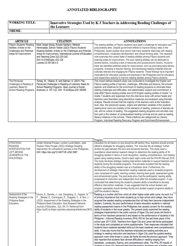 Annotated-Bibliography Innovative Strategies Used by K-3 Teachers in Addressing Reading ...