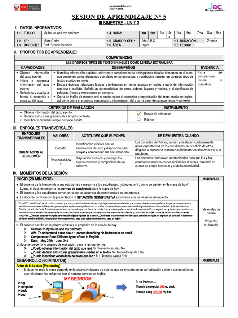 SESION DE APRENDIZAJE N°5 - 2023 - CICLO VI - UNIT 3 | PDF | Cognición | Ciencia cognitiva