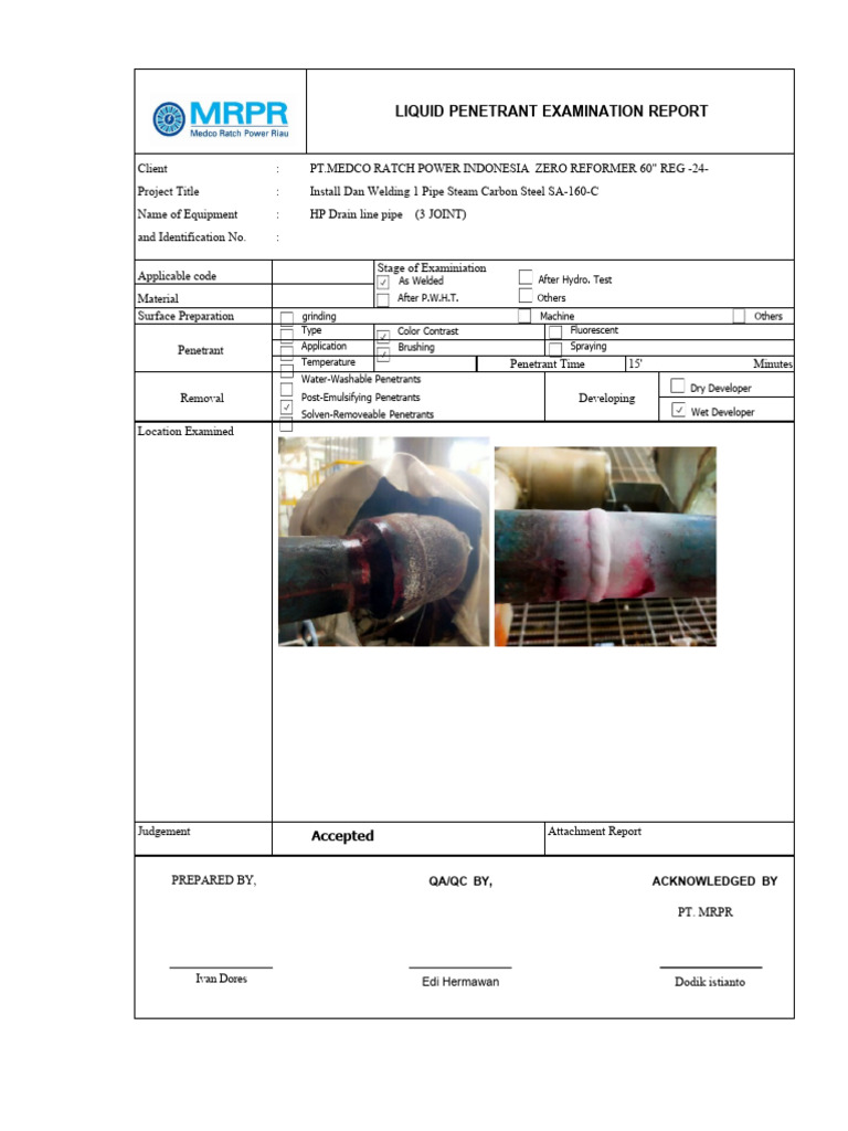 F Liquid Penetran Exam Report | PDF | Pipe (Fluid Conveyance ...
