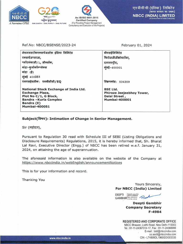 NBCC 01022024183614 Intimationofcjhangeinseniormanagement | PDF | Equity Securities | Financial ...