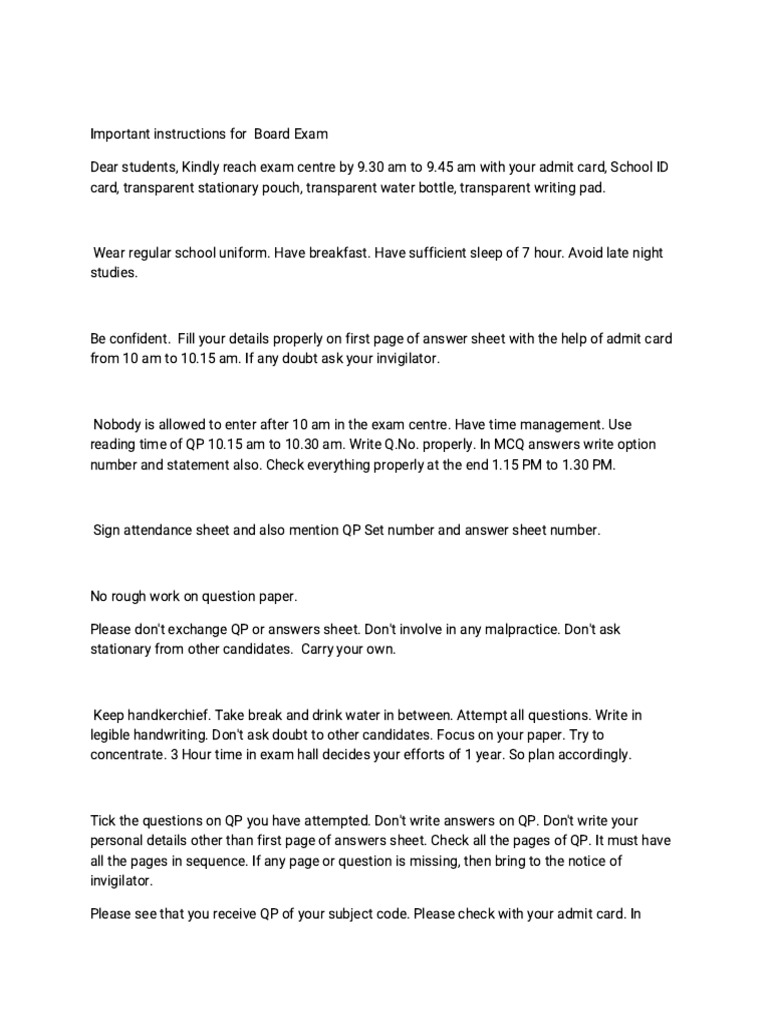 Important Instructions For Board Exam | PDF