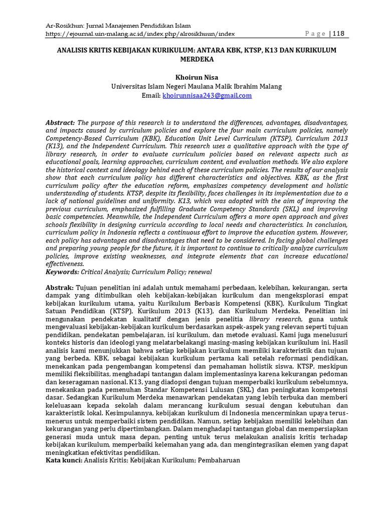 Analisis Kritis Kebijakan Kurikulum Antara KBK, KTSP, K13 Dan Kurikulm Merdeka | PDF ...