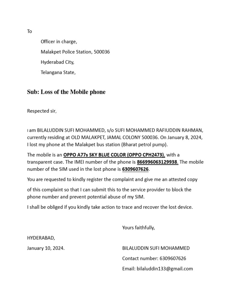 Mobile Phone Loss Complaint Letter | PDF