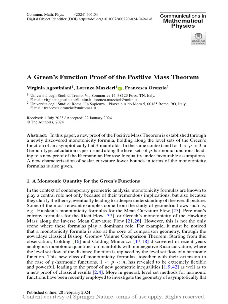 A Green's Function Proof of The Positive Mass Theorem | Download Free ...