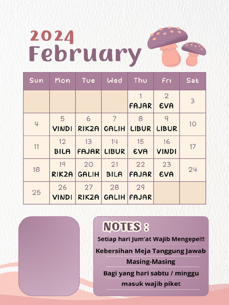 Purple Pink Cute Simple 2024 Calendar A4 Document | PDF