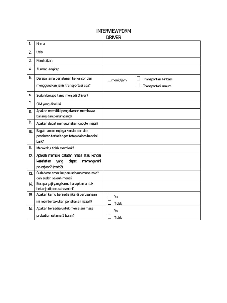 INTERVIEW FORM DRIVER | PDF