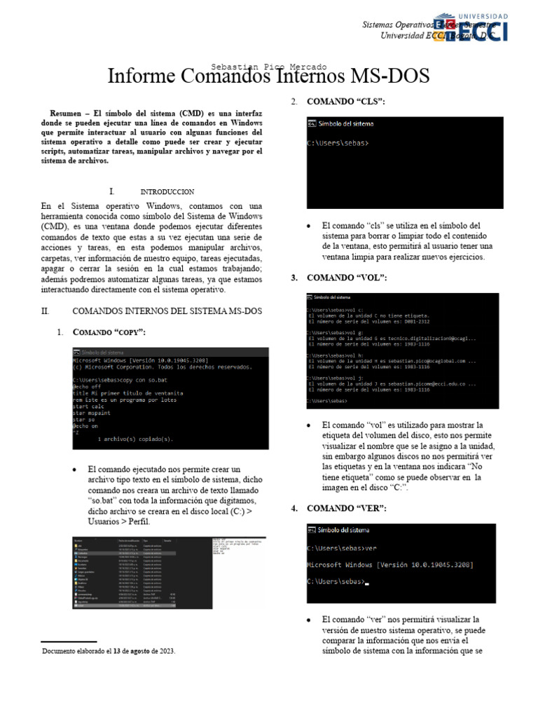 Informe Comandos Internos Ms-Dos | PDF | Archivo de computadora | Interfaz de línea de comando