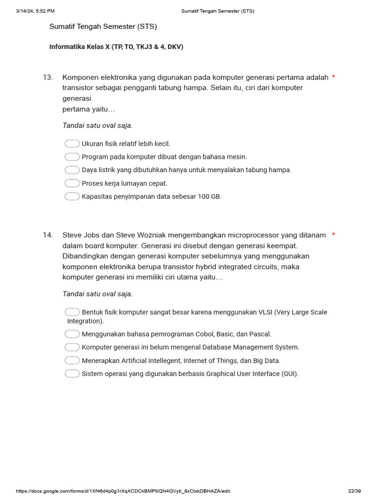 STS - Informatika X - Google Formulir | PDF