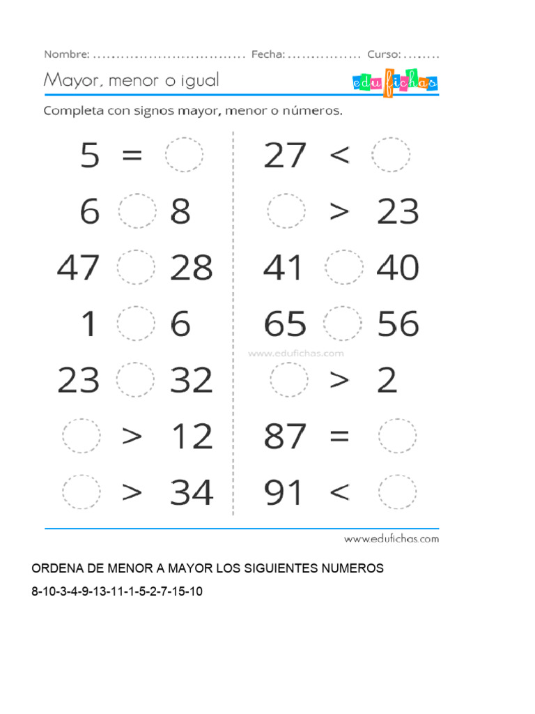 ORDENA DE MENOR A MAYOR LOS SIGUIENTES NUMEROS | PDF