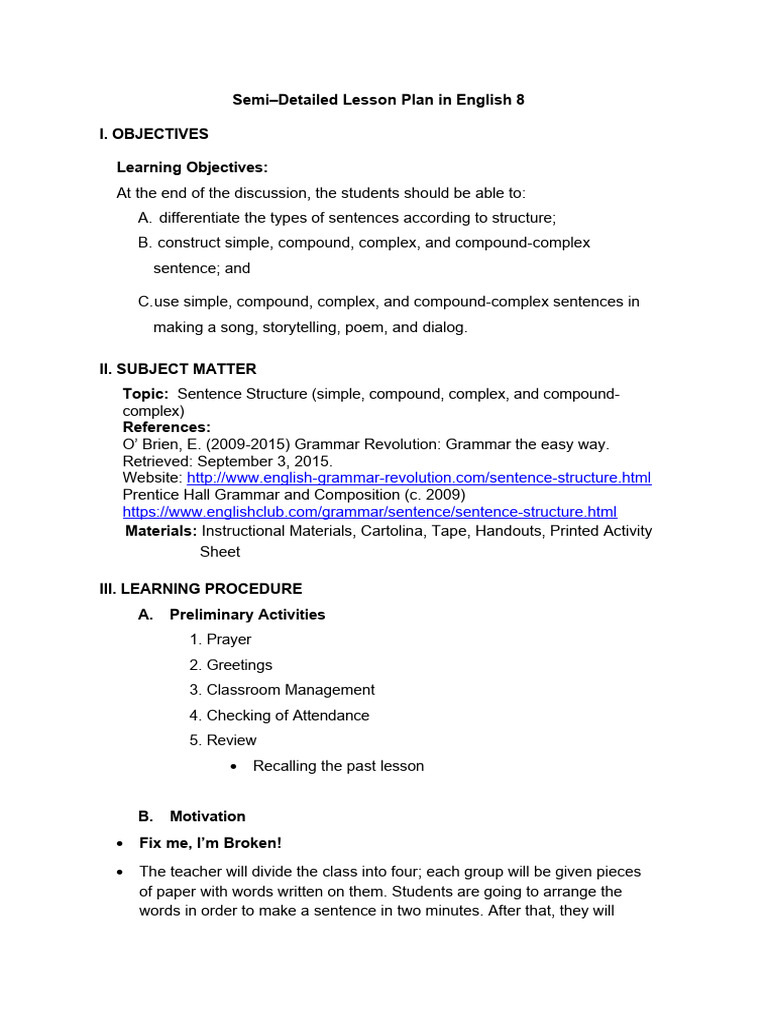 English 8 Lesson Plan Sentence Structure | PDF | Clause | Language Mechanics