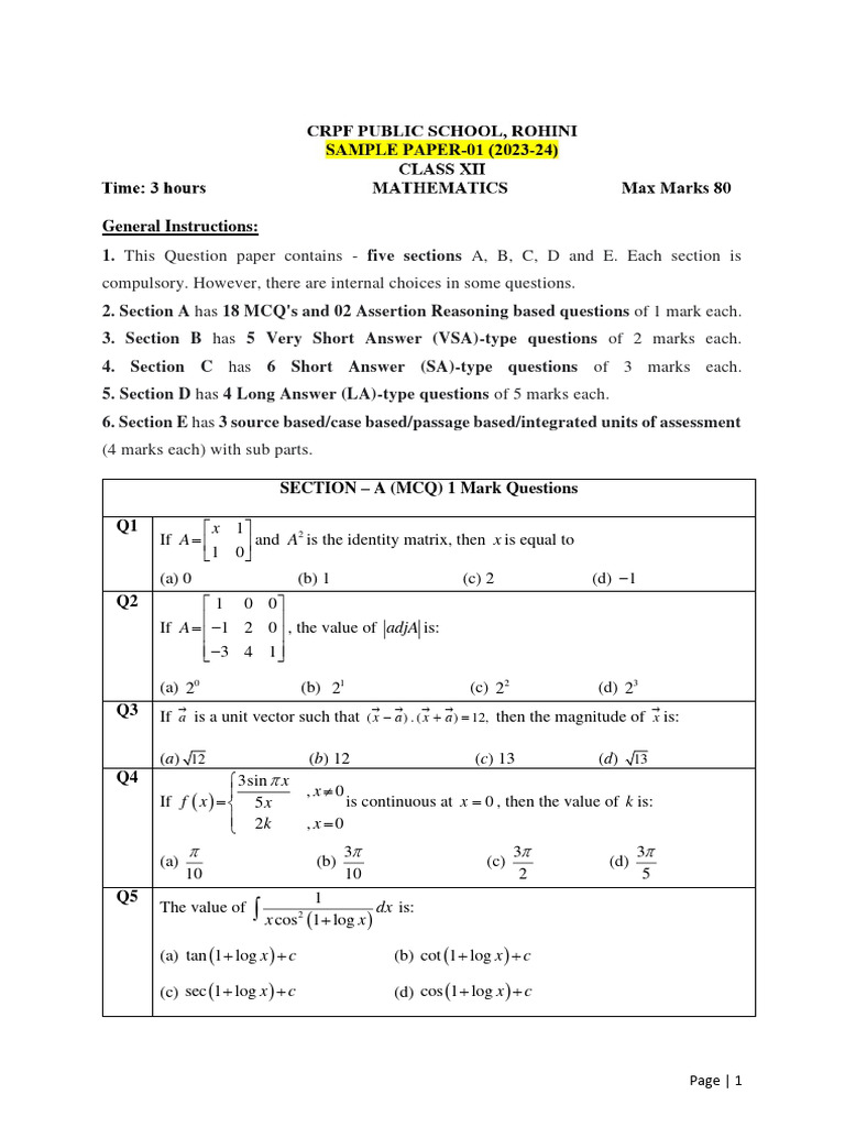 Sample Paper - 01 2023-34 (CRPF PUBLIC SCHOOL, ROHINI) | PDF | Area | Equations