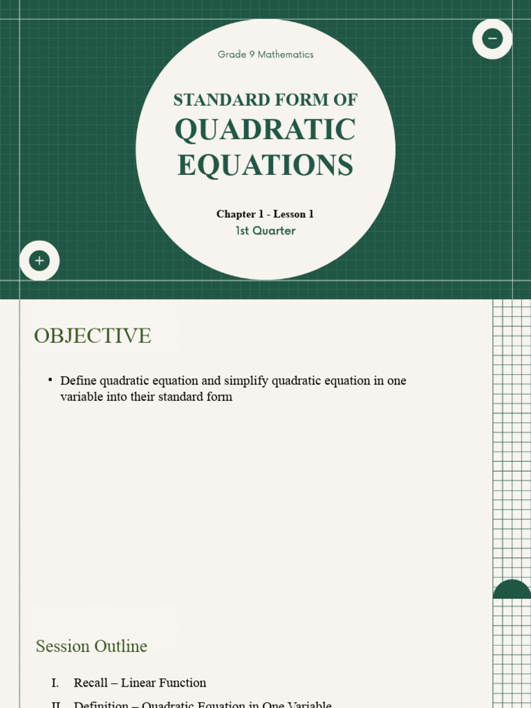 Q1 Lesson 1 Standard Form of Quadratic Equations | PDF | Equations | Variable (Mathematics)