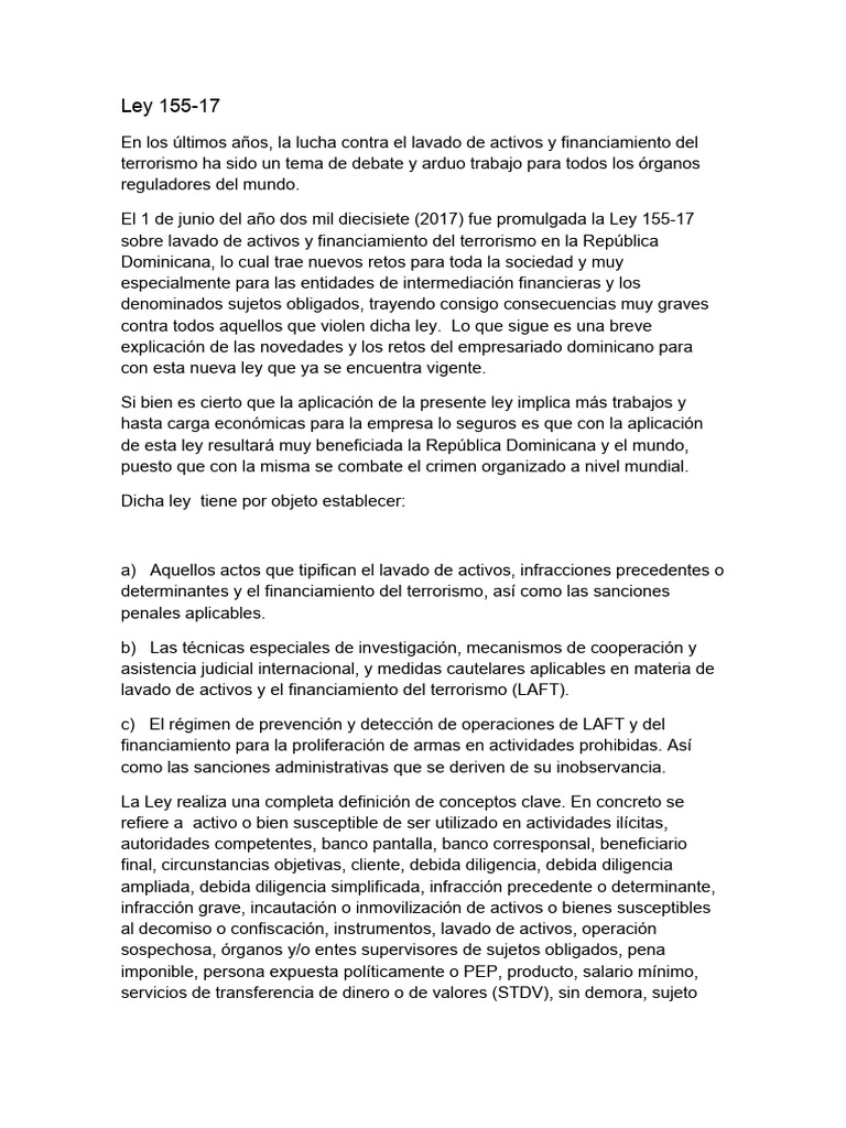 Ley 155 - 17 | PDF | Lavado de dinero | Multa (pena)