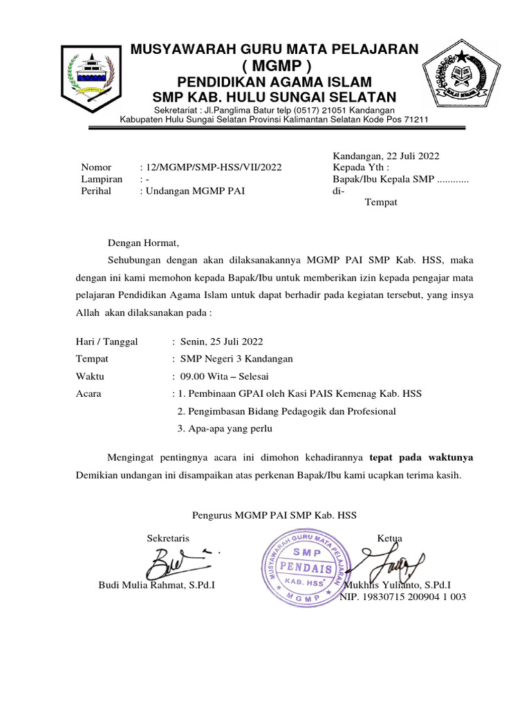 Undangan MGMP PAI SMP Kab. HSS | PDF