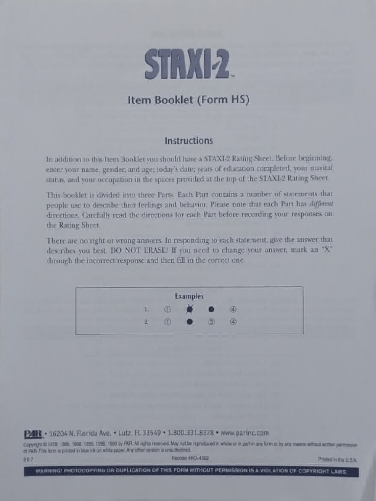 STAXI Booklet | PDF | Anger