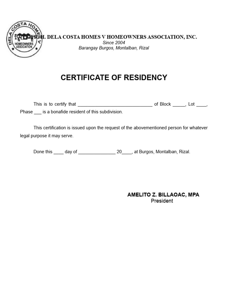 HOA Certificate of Residency | PDF