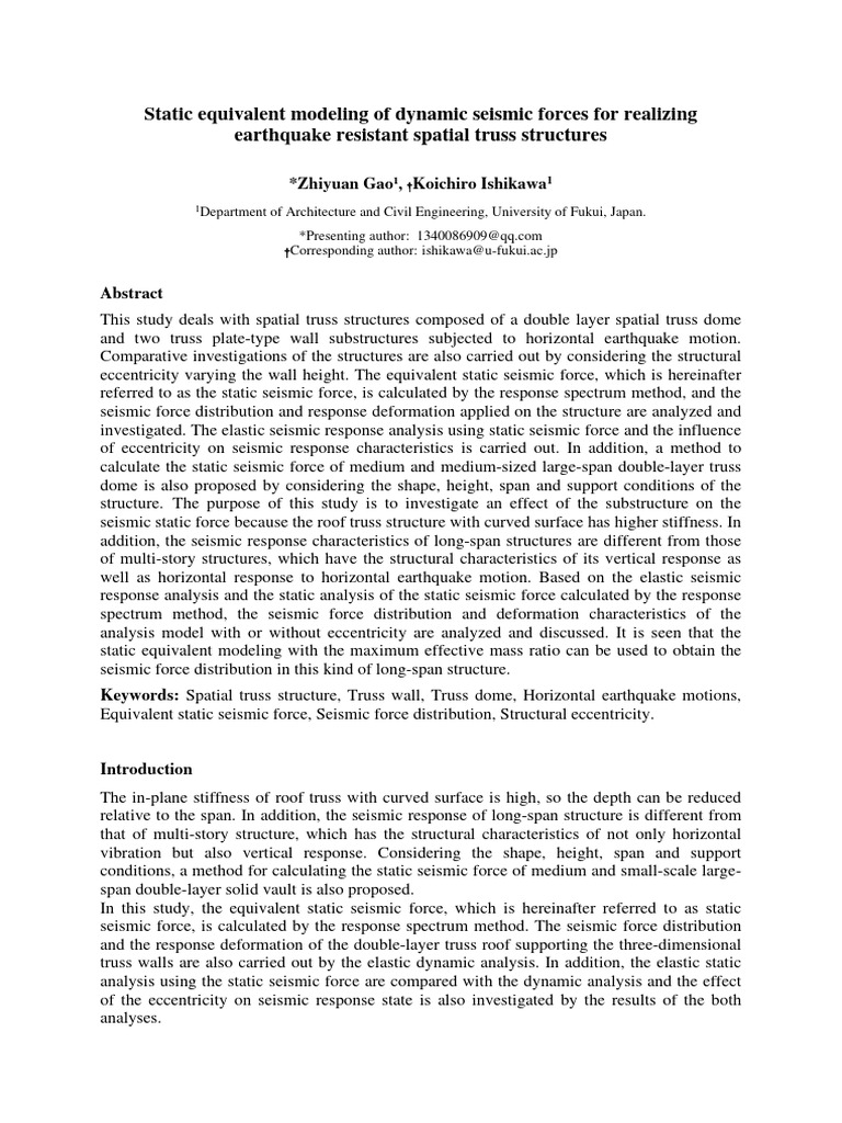 Static Equivalent Modeling of Dynamic Seismic Forces For Realizing Earthquake-Resistant Spatial ...
